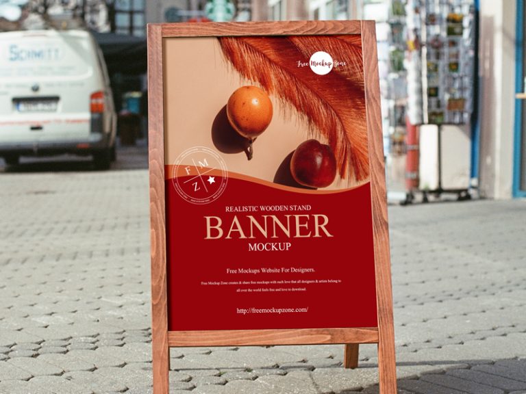 Free Realistic Wooden Stand Banner Mockup - Free Mockup Zone