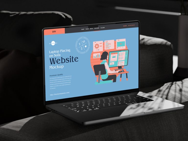 Free Laptop Placing on Sofa Website Mockup - Free Mockup Zone